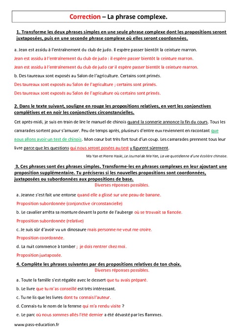 Phrases complexes - 6ème - Contrôle à imprimer - Pass Education