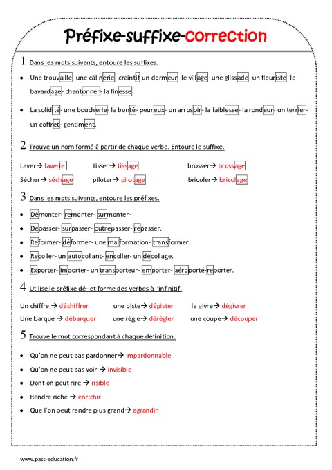 Préfixe - Suffixe - Ce2 - Exercices corrigés - Pass Education