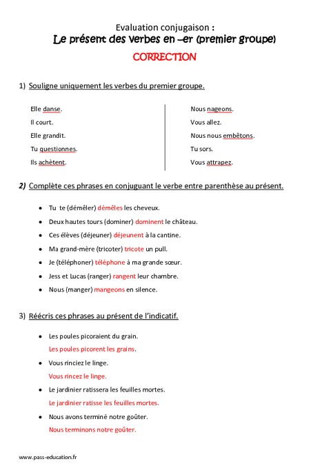 Présent des verbes en -er - Ce2 - Bilan avec le corrigé - Pass Education