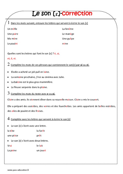 Son è, ai , ei, ê - Ce2 - Exercices corrigés - Pass Education