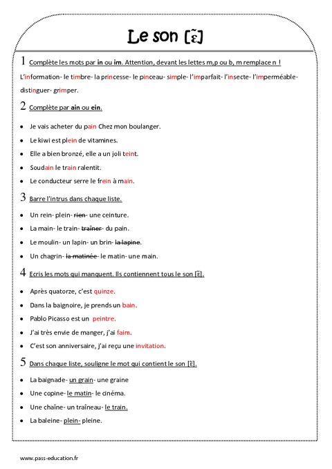 Son in, ain, ein - Ce2 - Exercices corrigés - Pass Education