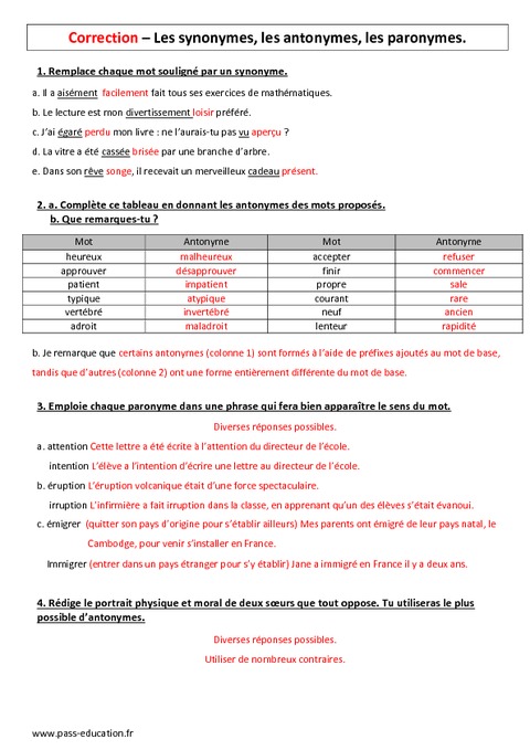 Synonymes, antonymes, paronymes - 6ème - Evaluation - Pass Education