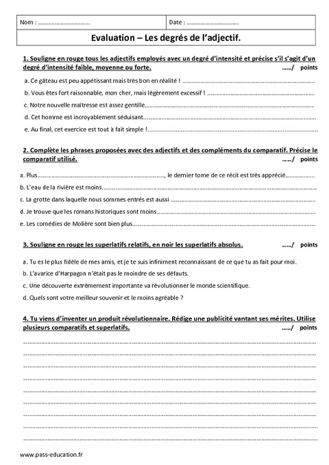Degrés de l'adjectif - 5ème - Evaluation à imprimer - Pass Education