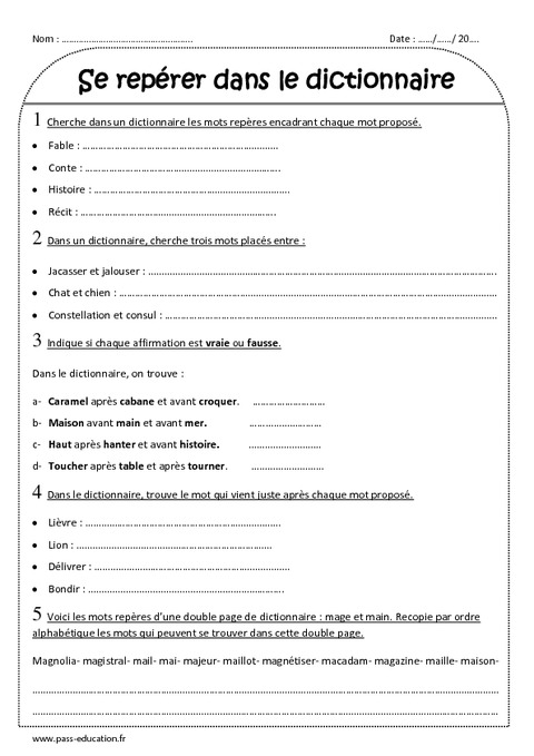 Dictionnaire - Ce2 - Exercices à imprimer - Pass Education