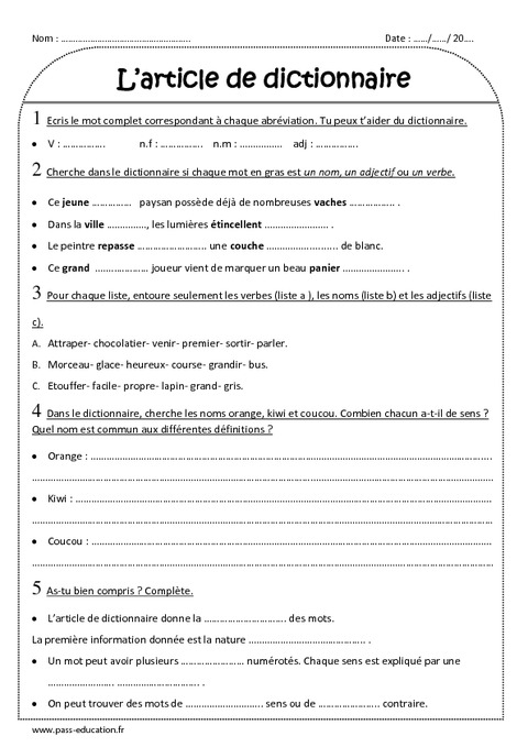 Dictionnaire - Ce2 - Exercices corrigés sur l'article - Pass Education