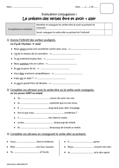 Présent des verbes être et avoir + aller – Ce2 – Bilan à imprimer ...
