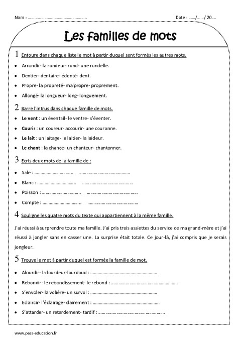 Familles de mots - Ce2 - Exercices à imprimer - Pass Education
