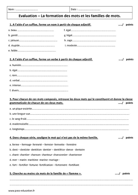 Familles de mots - Formation des mots - 6ème - Contrôle - Pass Education