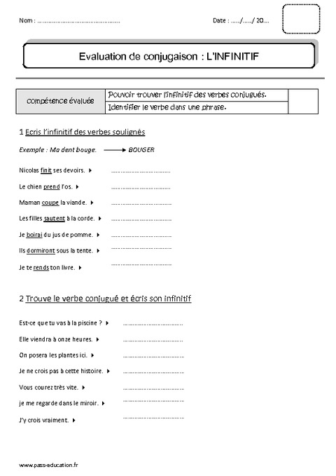 Infinitif des verbes conjugués - Ce1 - Bilan - Pass Education