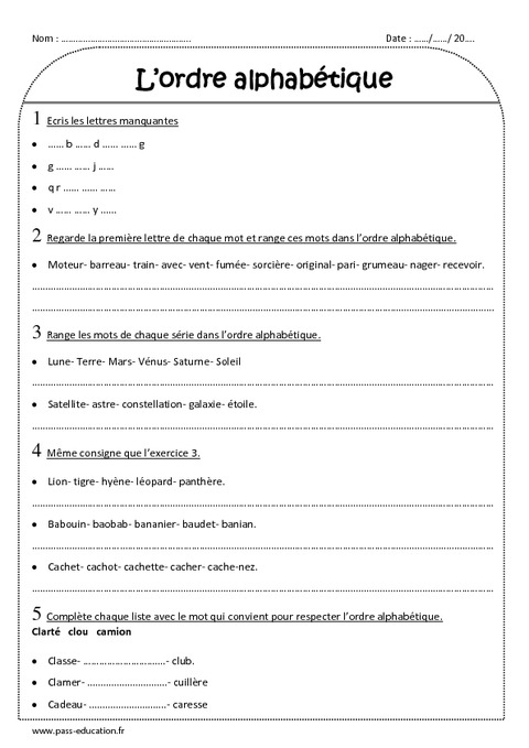 Ordre alphabétique - Ce2 - Exercices à imprimer - Pass Education