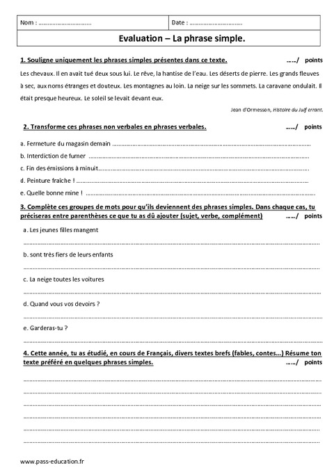 Phrase simple - 6ème - Evaluation à imprimer - Pass Education