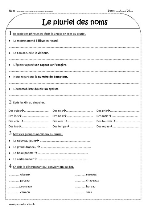 Pluriel des noms - Ce2 - Exercices corrigés - Pass Education