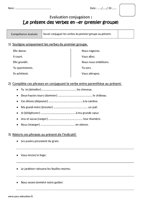 Présent des verbes en -er - Ce2 - Bilan avec le corrigé - Pass Education