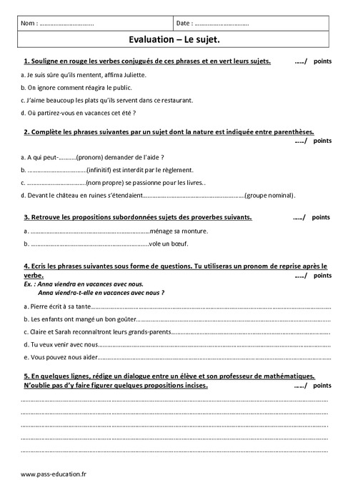 Sujet - 6ème - Contrôle avec le corrigé - Pass Education