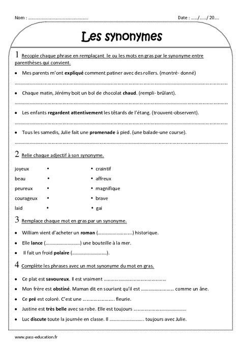 Synonymes - Ce2 - Exercices corrigés - Pass Education