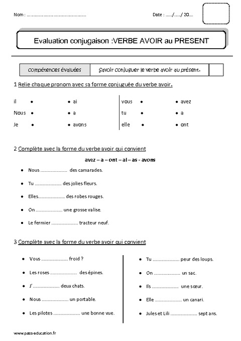 Verbe avoir au présent - Ce1 - Bilan - Pass Education