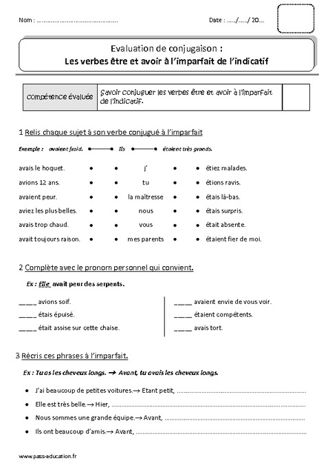 Verbes être et avoir à l'imparfait - Ce1 - Bilan - Pass Education