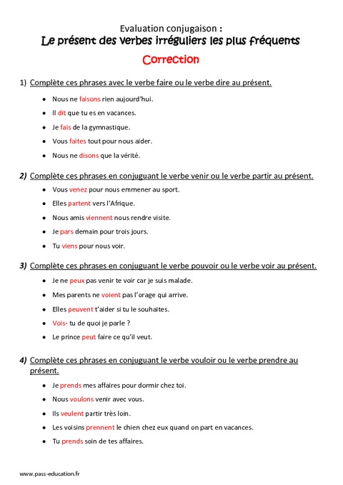 Présent des verbes irréguliers - Ce2 - Bilan avec correction - Pass ...