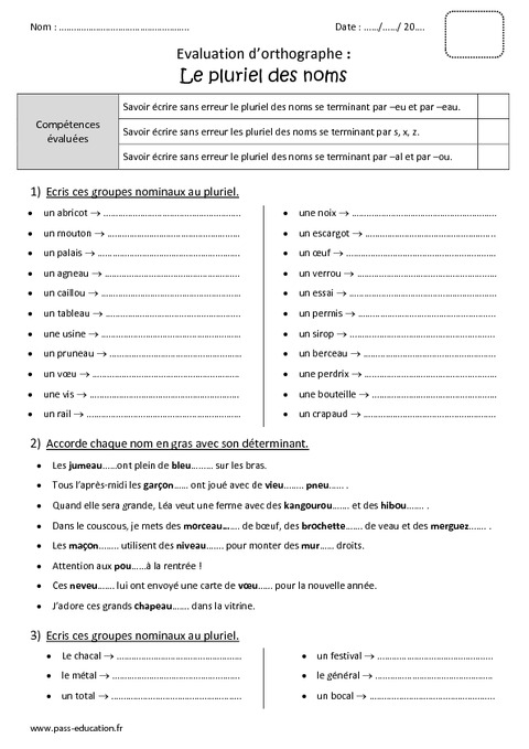 Pluriel des noms - Cm1 - Bilan avec le corrigé - Pass Education