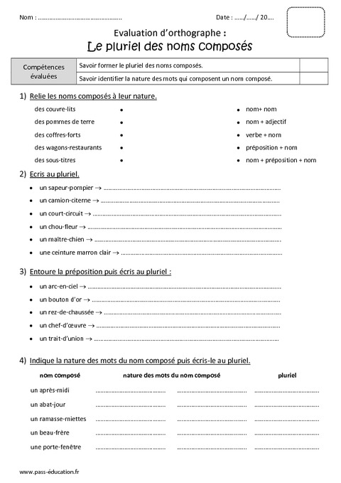 Pluriel des noms composés - Cm2 - Bilan avec le corrigé - Pass Education