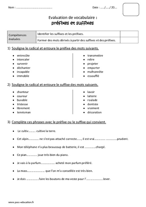 Préfixes - Suffixes - Ce2 - Bilan - Pass Education