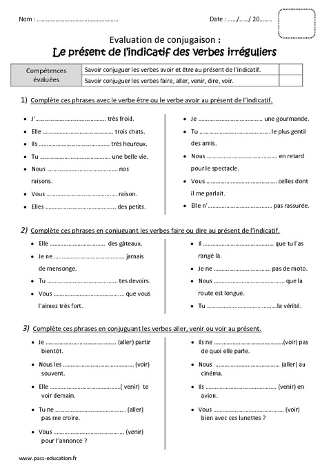 Les Verbes Irreguliers Au Present Exercices