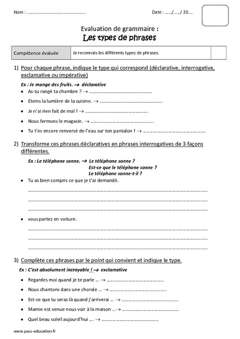 Types de phrases - Ce2 - Bilan - Déclarative, interrogative ...