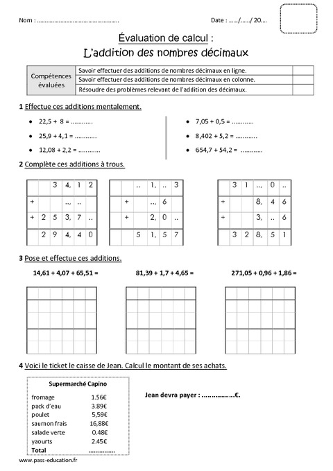 Addition des nombres décimaux - Cm1 - Bilan - Pass Education