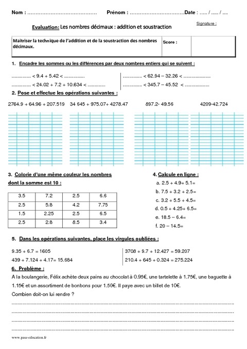 Addition et soustraction des nombres décimaux - Cm2 - Bilan - Pass ...