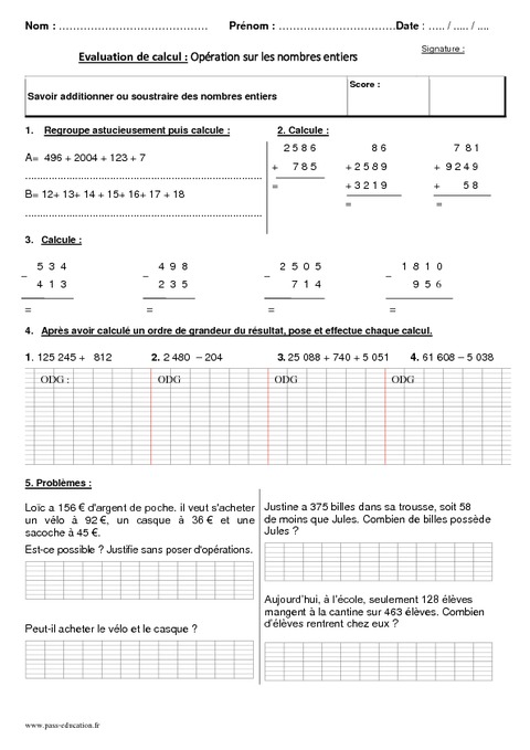 Additionner ou soustraire des nombres entiers - Cm2 - Bilan avec le ...