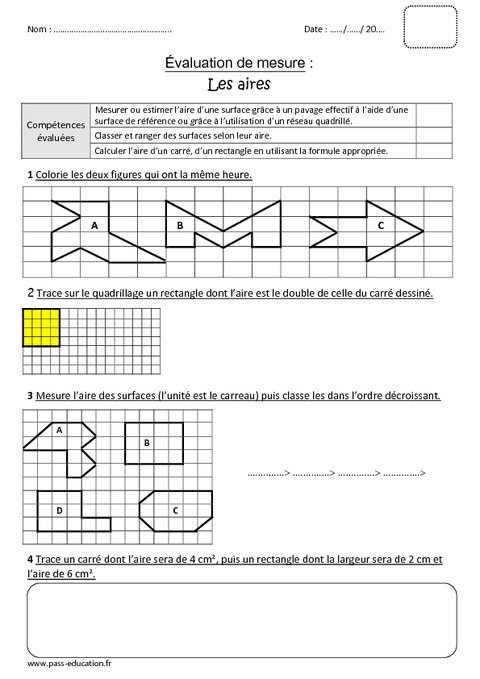 Aires - Surface - Cm1 - Bilan à imprimer - Pass Education