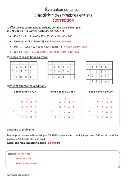 Addition des nombres entiers - Cm1 - Bilan avec le corrigé - Pass Education