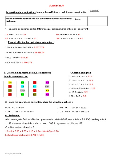 Addition et soustraction des nombres décimaux - Cm2 - Bilan - Pass ...