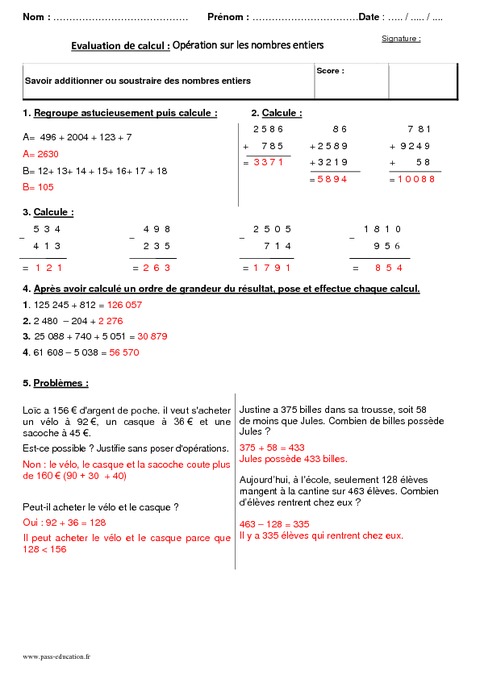 Additionner ou soustraire des nombres entiers - Cm2 - Bilan avec le ...