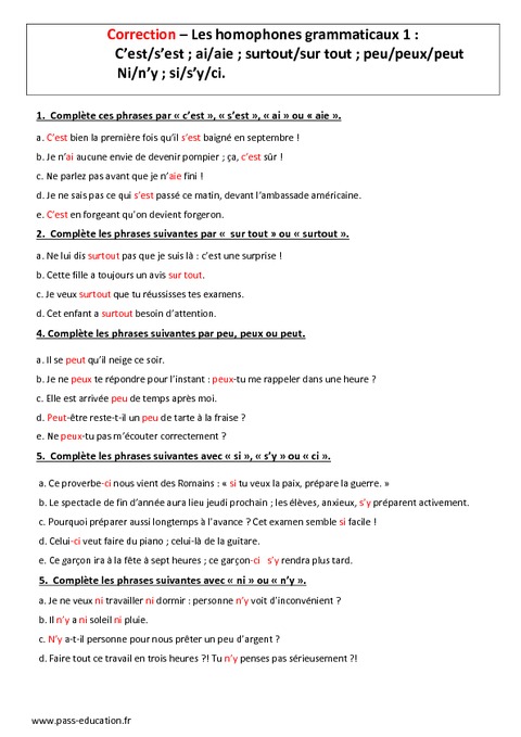 Homophones grammaticaux - 5ème - Contrôle avec le corrigé - Pass Education