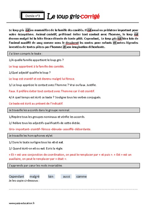 Le loup gris - Cm2 - Dictée accompagnée n°3 - Pass Education