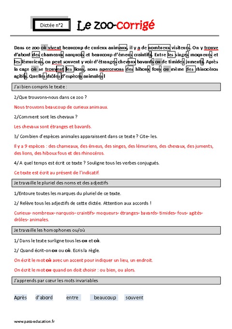 Le zoo - Cm2 - Dictée accompagnée n°2 - Pass Education