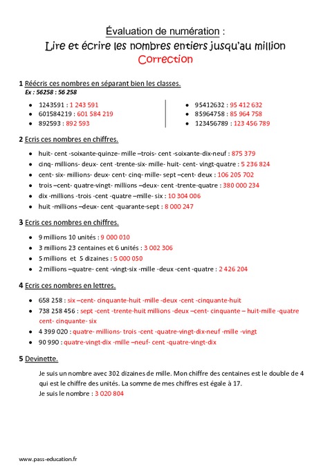 Lire et écrire les grands nombres jusqu'au million - Cm1 - Bilan - Pass ...