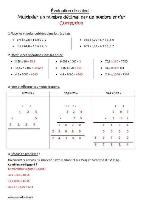 Multiplier un nombre décimal par un nombre entier - Cm1- Bilan - Pass ...