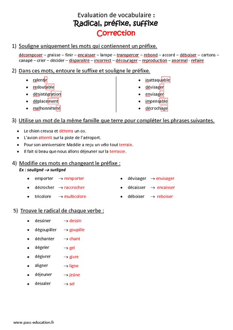 Radical, préfixe, suffixe - Cm2 - Bilan à imprimer - Pass Education