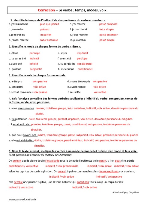 Verbe - Temps, modes, voix - 5ème - Evaluation - Pass Education