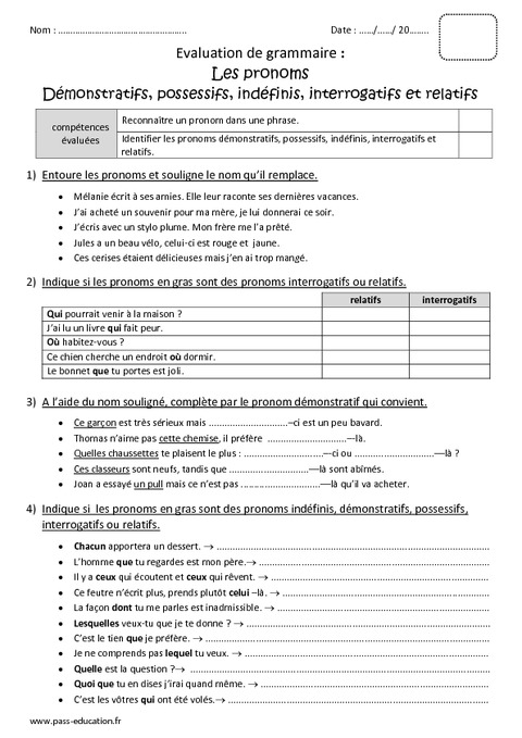 Démonstratifs, possessifs, indéfinis, interrogatifs et relatifs - Cm2 ...