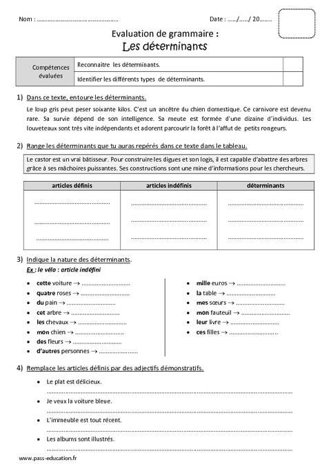 Déterminants - Cm2 - Bilan à imprimer - Pass Education