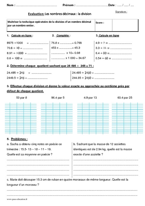 Division d'un nombre décimal par un nombre entier - Cm2 - Bilan - Pass ...