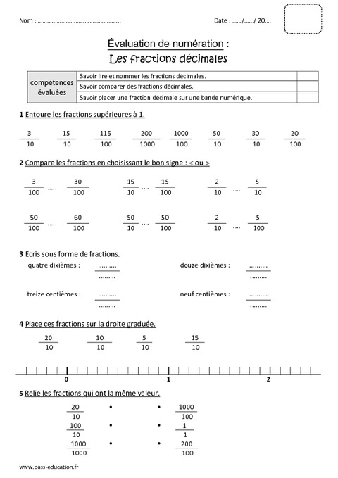 Fractions décimales - Cm1 - Bilan avec le corrigé - Pass Education