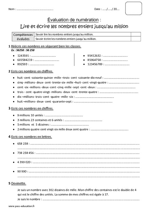 Lire et écrire les grands nombres jusqu'au million - Cm1 - Bilan - Pass ...