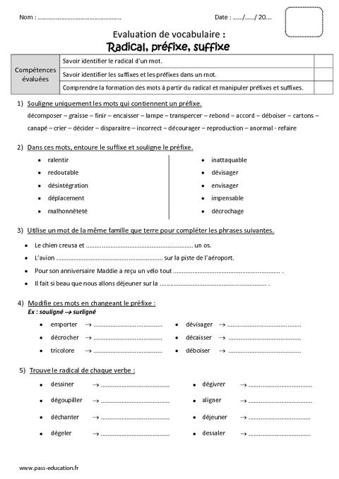 Radical, préfixe, suffixe - Cm2 - Bilan à imprimer - Pass Education