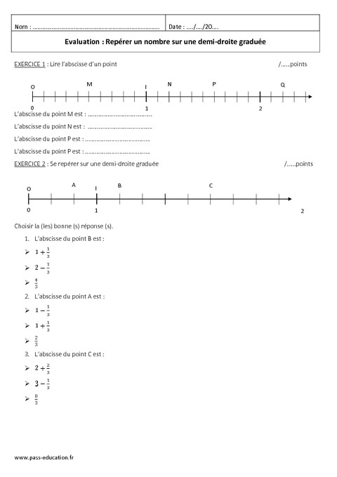 Abscisse d'un point - Lire ou encadrer - 6ème - Evaluation - Pass Education