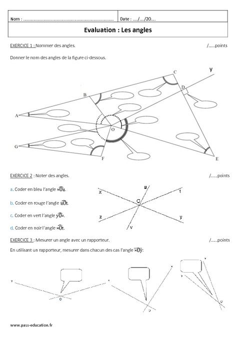 Angles - 6ème - Contrôle de géométrie - Pass Education