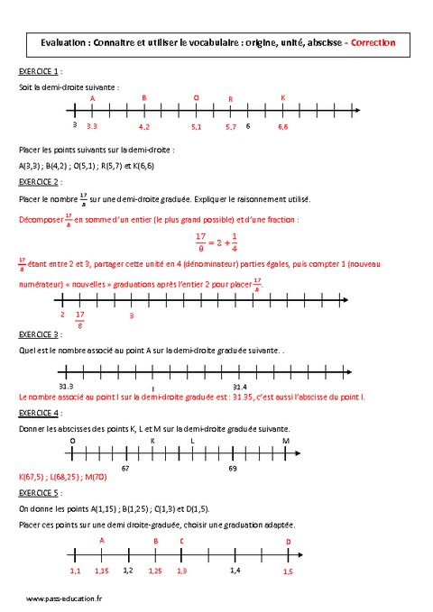 Origine, unité, abscisse - Demi-droite graduée - 6ème - Evaluation ...
